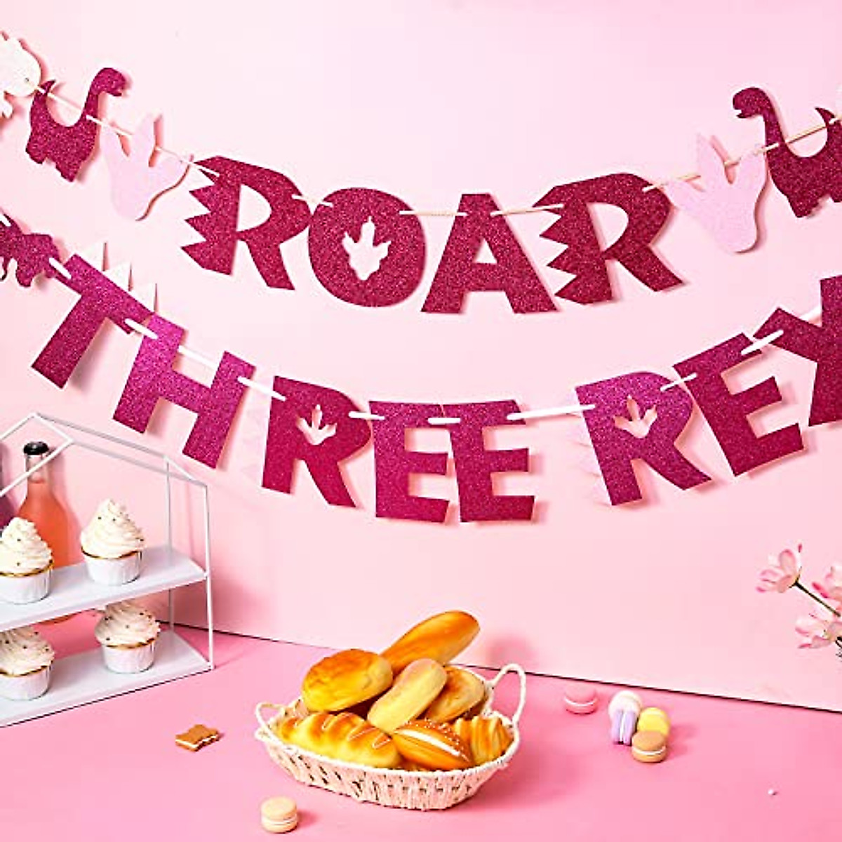 Three Rex Banner Rose Red and Dinosaur ROAR Garland Glitter for Girls 3rd Birthday Dinosaur Party Supplies, Pink Dinosaur Party Decorations