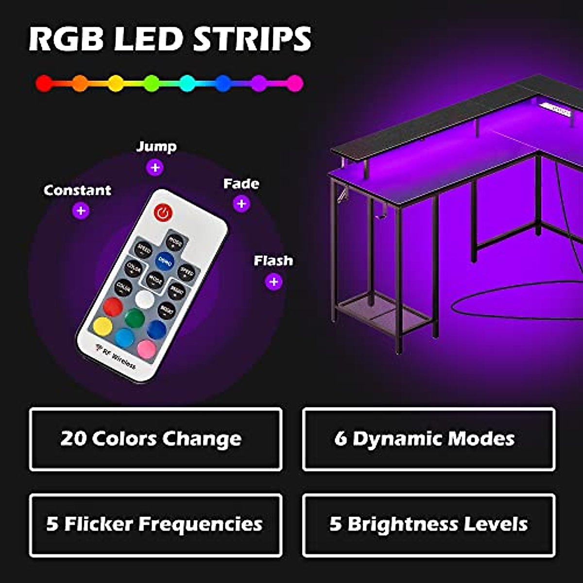 SUPERJARE L Shaped Gaming Desk with Power Outlets & LED Lights, Computer Desk with Monitor Stand & Storage Shelf, Home Office Desk Corner Desk with Hooks, Black