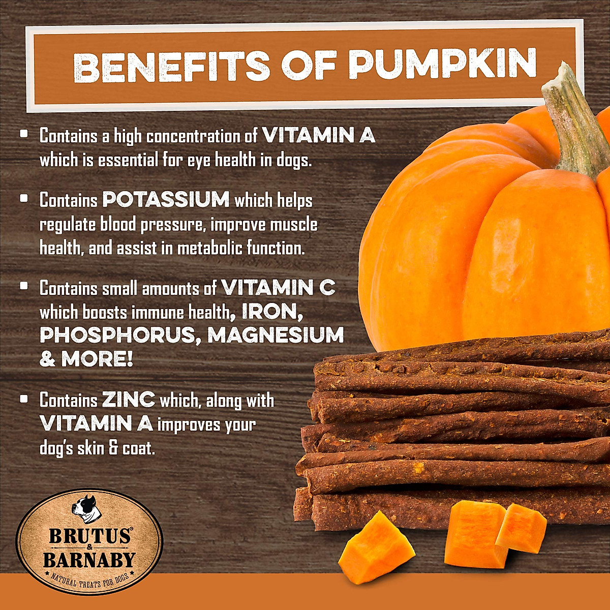 BRUTUS & BARNABY USA Sweet Potato Dog Treats - Grain Free, Pumpkin Bacon Crunchy Sticks - Great Tasting, Promotes Positive Dog Gut Health with Natural Anti-Diarrhea Properties, No Preservatives Added