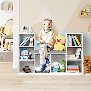 Cowiewie Kids Bookshelf with Reading Nook, 8-Cubby Toy Storage Organizer with Seat Cushion, Toy Storage for Bedroom, Playroom, Kids Room, 13.39" D x 47.24" W x 29.92" H, White