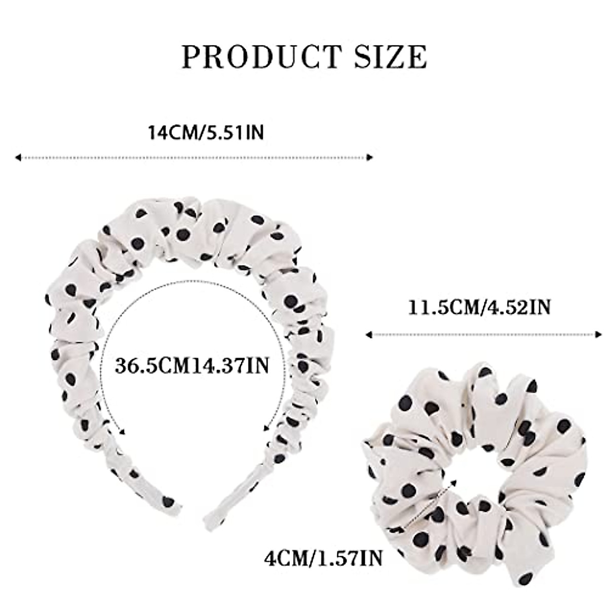 Roncidy Boho Wide Headband Polka Dot Printed Hair Bands Scrunch Hair Hoop Headbands with Hair Scrunchies Elastic Ruched Hairband for Women and Girls,1 Set (White)