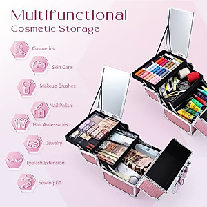 Joligrace Makeup Train Case Cosmetic Box Portable Makeup Case Organizer 2 Trays Makeup Storage with Mirror Locking for Cosmetologist Aesthetic Supplies Nail Tech Traveling Makeup Box Mermaid Pink
