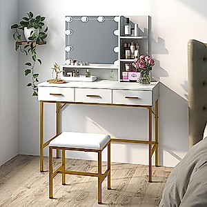 Vanity Table with Lighted Mirror, 3 Drawers Makeup Desk Dressing Table with Lots Storage Vanity Set with Wider Cushioned Stool for Bedroom (White)