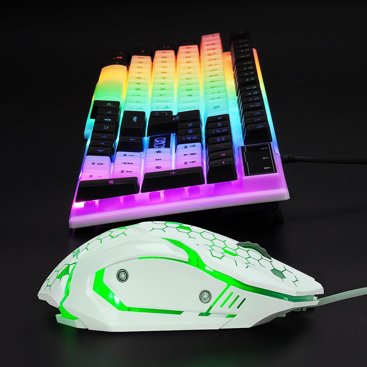 CHONCHOW Gaming Keyboard Mouse Combo Rainbow LED Backlit Ambient Light Illuminated Character Wired USB Keyboard Mice Compatible with Windows XP/7/10 iMac MacBook PS4 PS5 Xbox one(White and Black)