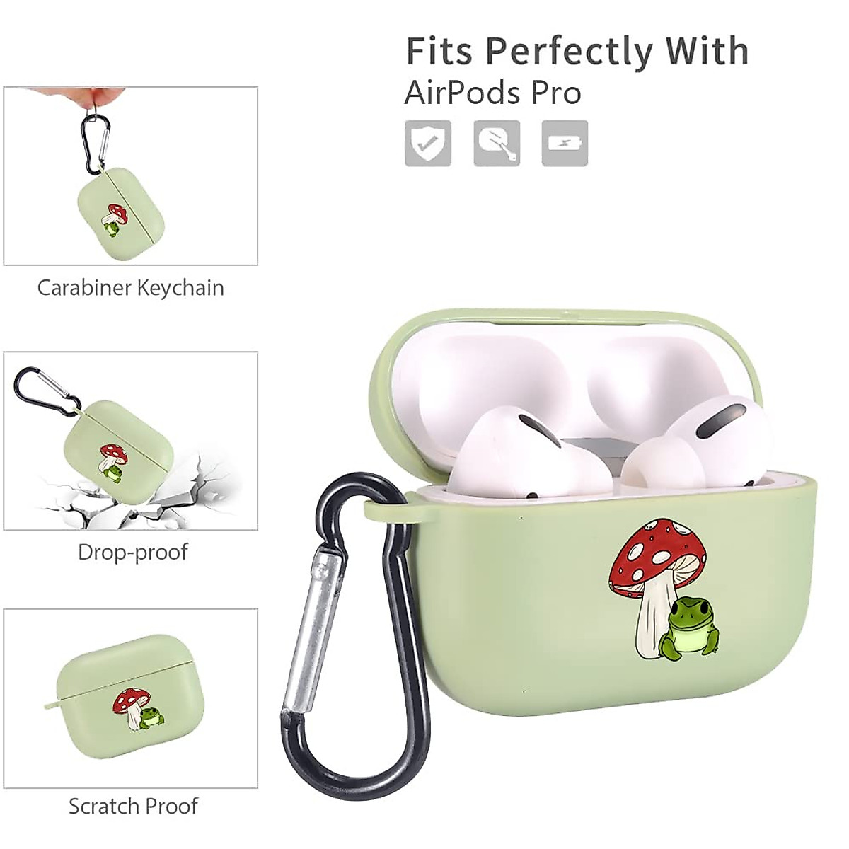 MAYCARI Lovely Frog Mushroom Case for AirPods Pro with Keychain, Cute Animal Design Protective Soft TPU Cover Compatible with AirPods Pro Charging Green Case for Women Girls