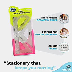 Geometry Plastic Ruler Set, Clear 12 inch/ 30 cm Straight Ruler, Triangle Rulers, Protractor Ruler Tool Set, Transparent School and Office Supplies Math Rulers for Kids and Adults, Set of 4 – By Enday