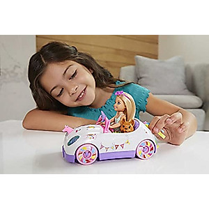 Barbie Chelsea Doll & Unicorn Toy Car, Blonde Small Doll in Removable Skirt, Pet Puppy, Sticker Sheet & Accessories