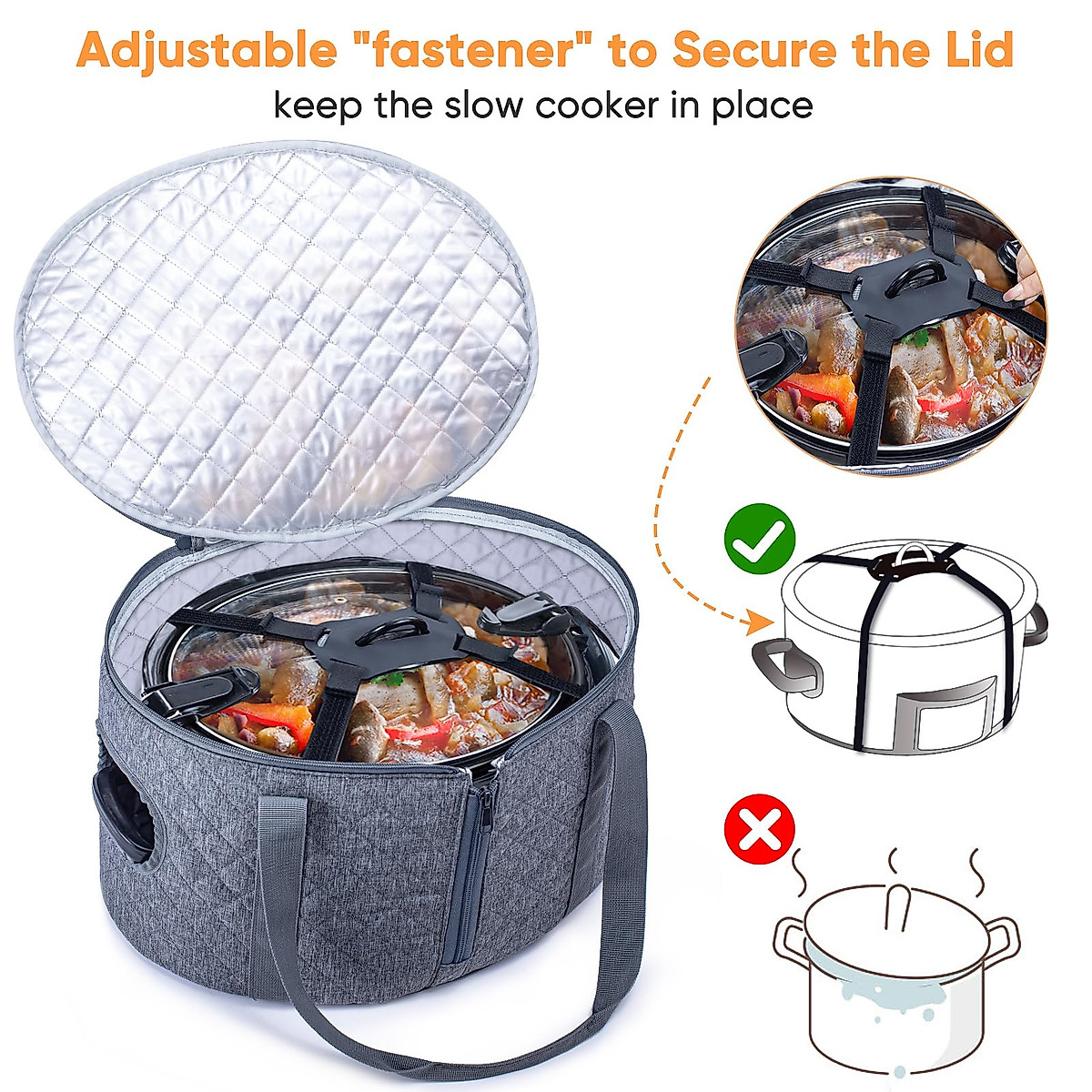 BAGSPRITE Slow Cooker Carrying Case Compatible with 6-8 Quart Crockpot Carrier for Hot Food and Hamlton Beach Slow Cooker Tote with Lid Fastener for Crock-pot Dust Cover Applicances
