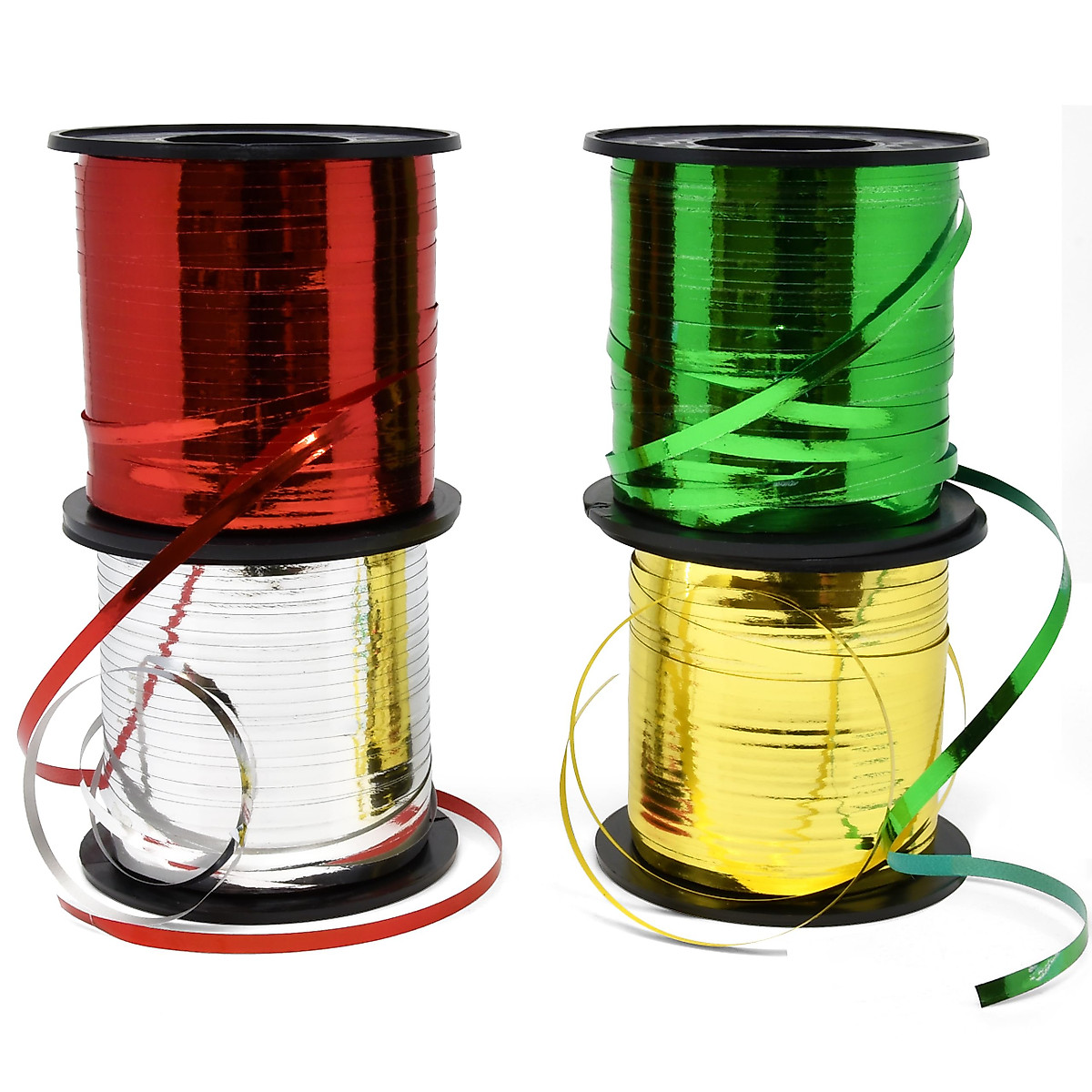 Gift Boutique Christmas Metallic Shiny Curling Ribbon 4 Pack Spool Rolls Green Red Gold & Silver Curly Balloon String Ribbons, Xmas Gift Wrapping Florist Party Crafts Supply Decor, 350 Yards Per Roll
