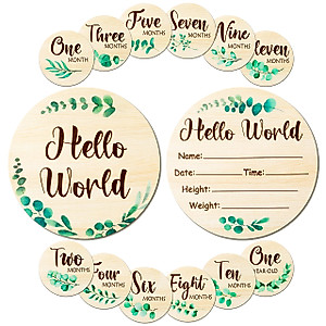 R HORSE Wooden Baby Monthly Milestone Cards with Announcement Sign, 7Pcs Double-Sided Hello World Baby Birth Announcement Milestone Discs, Newborn Month Milestone First Year Photo Props for Boys Girls