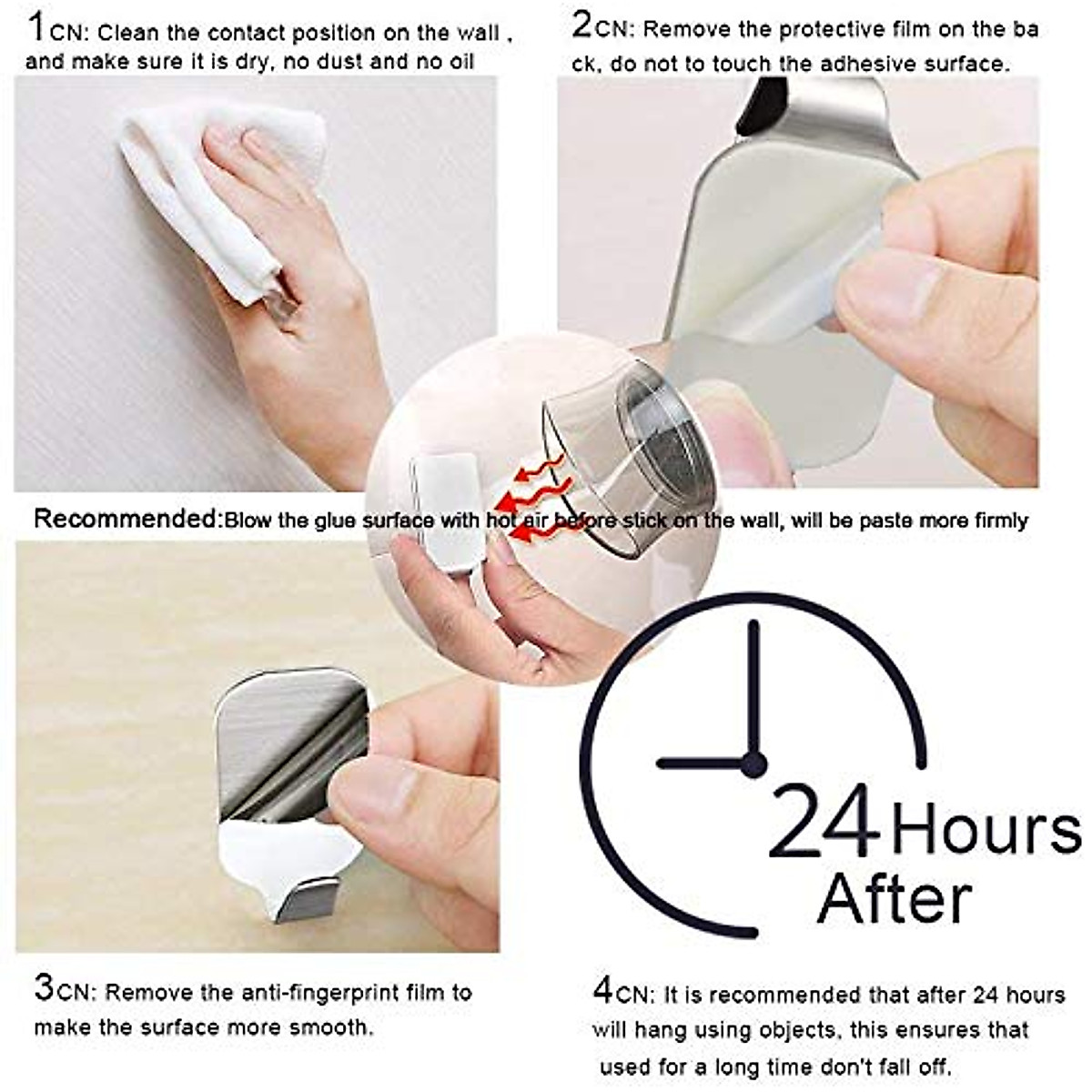 MXtechnic Self Adhesive Hook Stick on Wall 304 Stainless Steel Polished Hanging Clothes Coat Hat Hooks and Strong Heavy Duty Metal Super Power Hooks Storage Organizer (10 Pack) (Hooks-10)