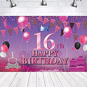 Happy 16th Birthday Backdrop Banner Pink Purple 16th Sign Poster 16 Birthday Party Supplies for Anniversary Photo Booth Photography Background Birthday Party Decorations, 72.8 x 43.3 Inch