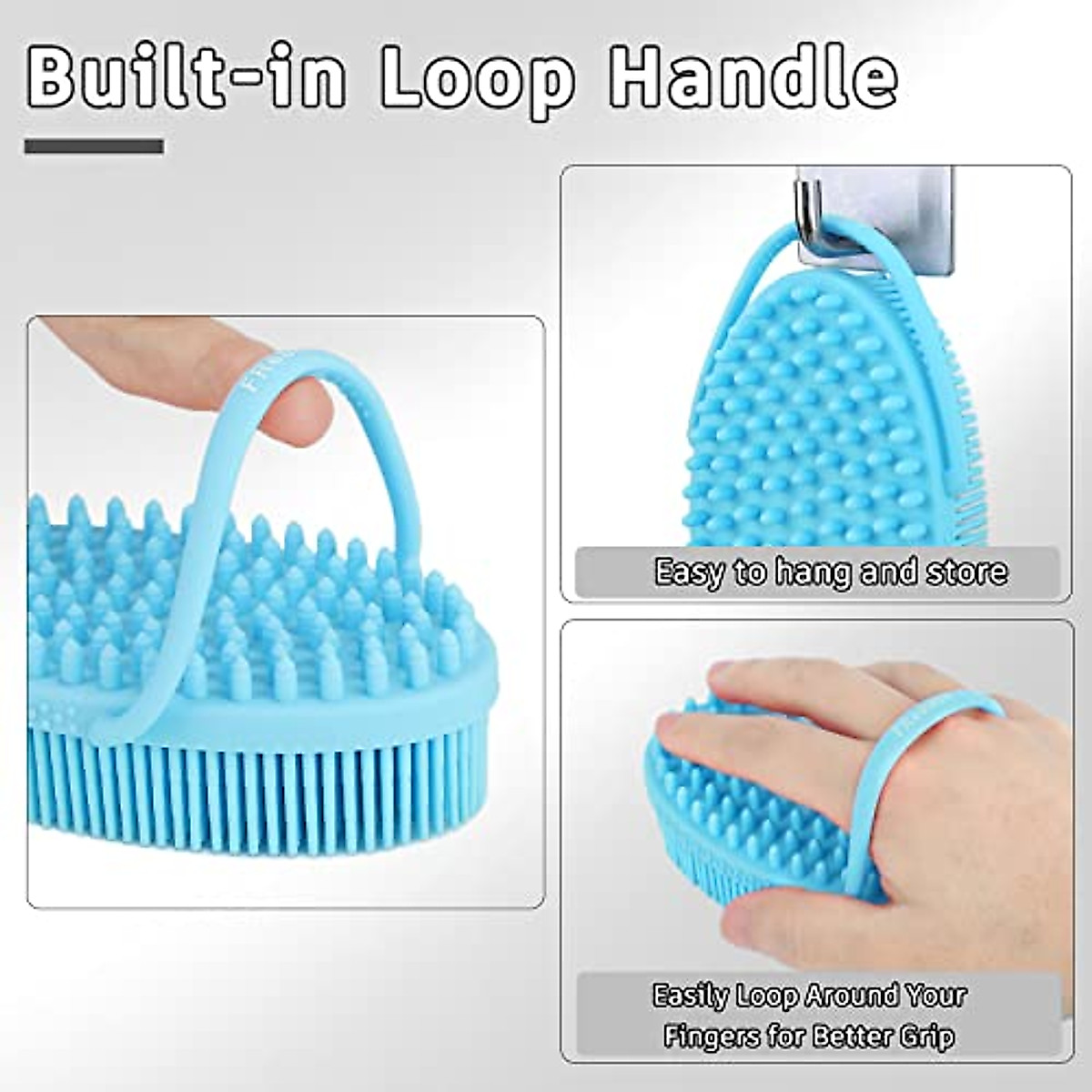 FREATECH Exfoliating Silicone Body Scrubber with Built-in Loop Handle, Dual-sided Bath Shower Body Brush for Deep Cleansing and Massage, Easy to Hold and Hang, Hygienic and Long-lasting, Light Blue