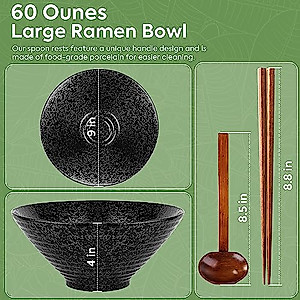 NJCHARMS Ceramic Ramen Bowl Set of 2, 60 oz Japanese Noodle Soup Bowls with Spoons and Chopsticks for Ramen Soup Pho Udon Asian Noodles, Large Noodle Bowls