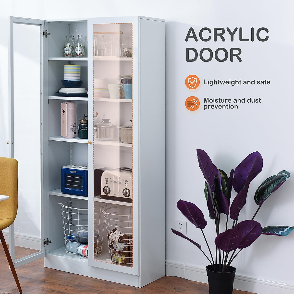 Alvisyd Metal Curio Cabinets with Acrylic Doors, 2 Door Cabinet 31.5 Wide Large Storage Bookcase with Adjustable Shelves, Glass Front Display Cabinet White Organizer 5 Tier for Home Office Craft