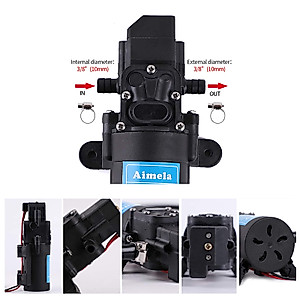 Aimela 12V DC Fresh Water Pump with 2 Hose Clamps,Self Priming Sprayer Pump with Pressure Switch,12 Volt High Pressure Pump Diaphragms,4.5 L/Min 1.2 GPM 85 PSI Adjustable for Spray,Marine,Lawn