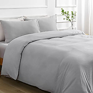Sasttie Duvet Cover Set Queen Size, Light Grey Ultra Soft Prewashed, 3 Pieces, 1 Duvet Cover with Zipper Closure and Corner Ties (90''x90''), 2 Pillowcases (20''x 30'')