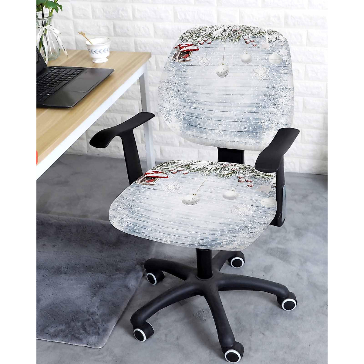Christmas Ball Office Chair Cover Stretchable Computer Chair Seat Cover Backrest Slipcovers, Stretchable Rotating Desk Chair Seat Cushion Split Protectors Winter Snowy Pine Tree Leaves Farmhouse