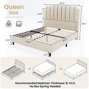 HALLYBEE 50.4" H Queen Bed Frame with Headboard Linen Fabric Platform Bed Frame Queen Size, Chic and Elegant Upholstered Bed Frame Queen, Bedframe No Box Spring Needed, Mattress Foundation, Beige
