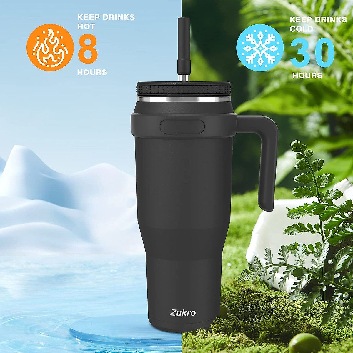 Zukro 50 oz Tumbler with Handle and Straw Lid, Vacuum Insulated Stainless Steel Water Bottle Travel Mug with Screw Lid, Fit in Cup Holder, Leakproof, Dishwasher Safe, Keeps Cold 30 Hours - Black