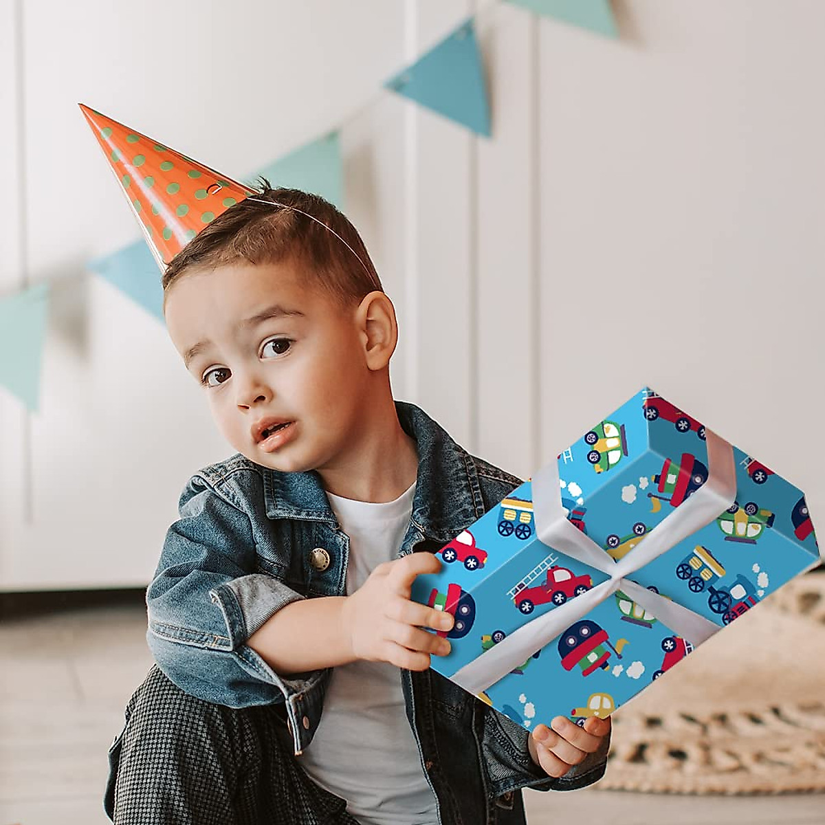 Geluode Birthday Wrapping Paper for Boys Men Kids, Cartoon Car Red Fire Trucks Boat Transport Blue Wrapping Paper 6 Sheets 20x28 Inches Per Sheet