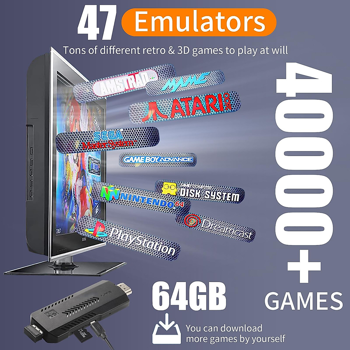 Wireless Retro Game Console, 128G Game Console with Built-in 40,000 Games, 40+ Emulators, Dual Wireless Controllers, Plug & Play Video Game Consoles, 4K HDMI Nostalgia Stick Game for TV