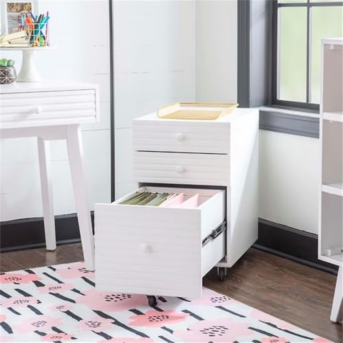 Linon Sway Wood File Cabinet with 3 Drawers Rolling Castors in Pure White