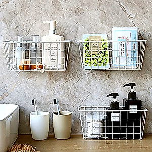 LeleCAT Hanging Kitchen Baskets For Storage Adhesive Sturdy Small Wire Storage Baskets with Kitchen Food Pantry Bathroom Shelf Storage No Drilling Wall Mounted,2 PACK,White