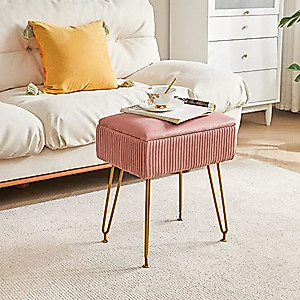 YMYNY Vanity Stool Chair with Storage, Square Velvet Ottoman Foot Stool, Modern Multifunctional Makeup Stool for Bedroom, Living Room, Office, Gold Legs, 18.9 * 15.75 * 11.6", Pink, UHBD024P