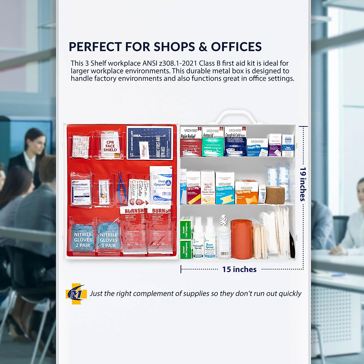 MFASCO 2021 ANSI/OSHA Compliant First Aid Kit - Large, Commercial 3-Shelf Metal Cabinet for Businesses, Wall Mountable - with Medications - ANSI Standard 2021 First Aid Kits, Class B Fill