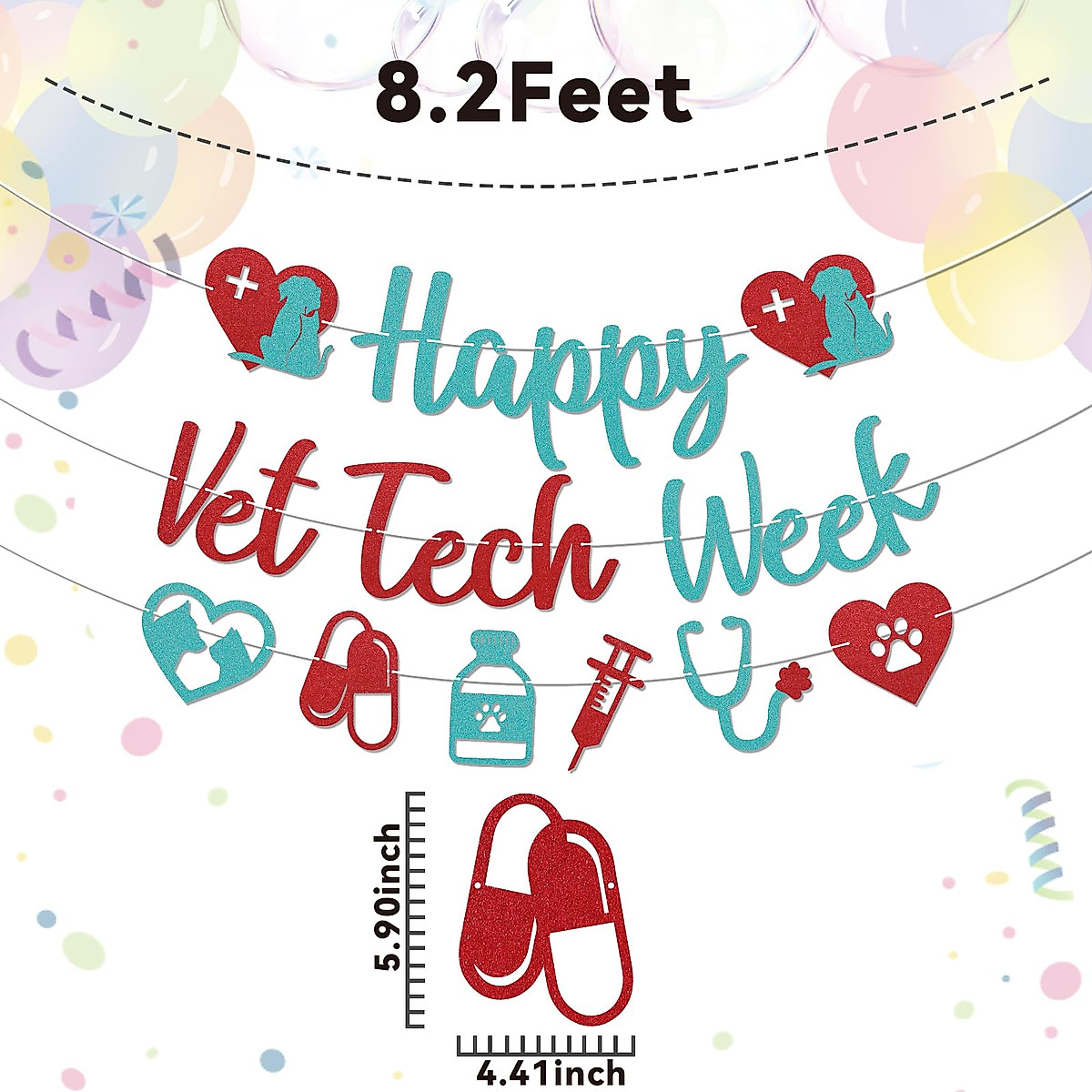 Happy Vet Tech Week Banner - Veterinary Technician Appreciation Decorations, Happy Veterinary Technician Appreciation Banner, Vet Hospital Staff Party Decorations Red & Blue Glitter