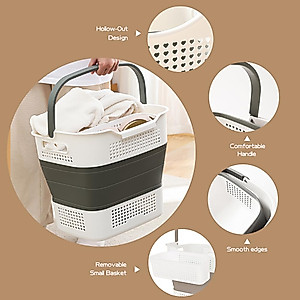 JOSUCLEN Collapsible Laundry Basket Plastic, 35L Foldable Laundry Basket for Small Spaces, Plastic Laundry Hamper with Handles, Pop up Laundry Basket Organizer Container（Gray）