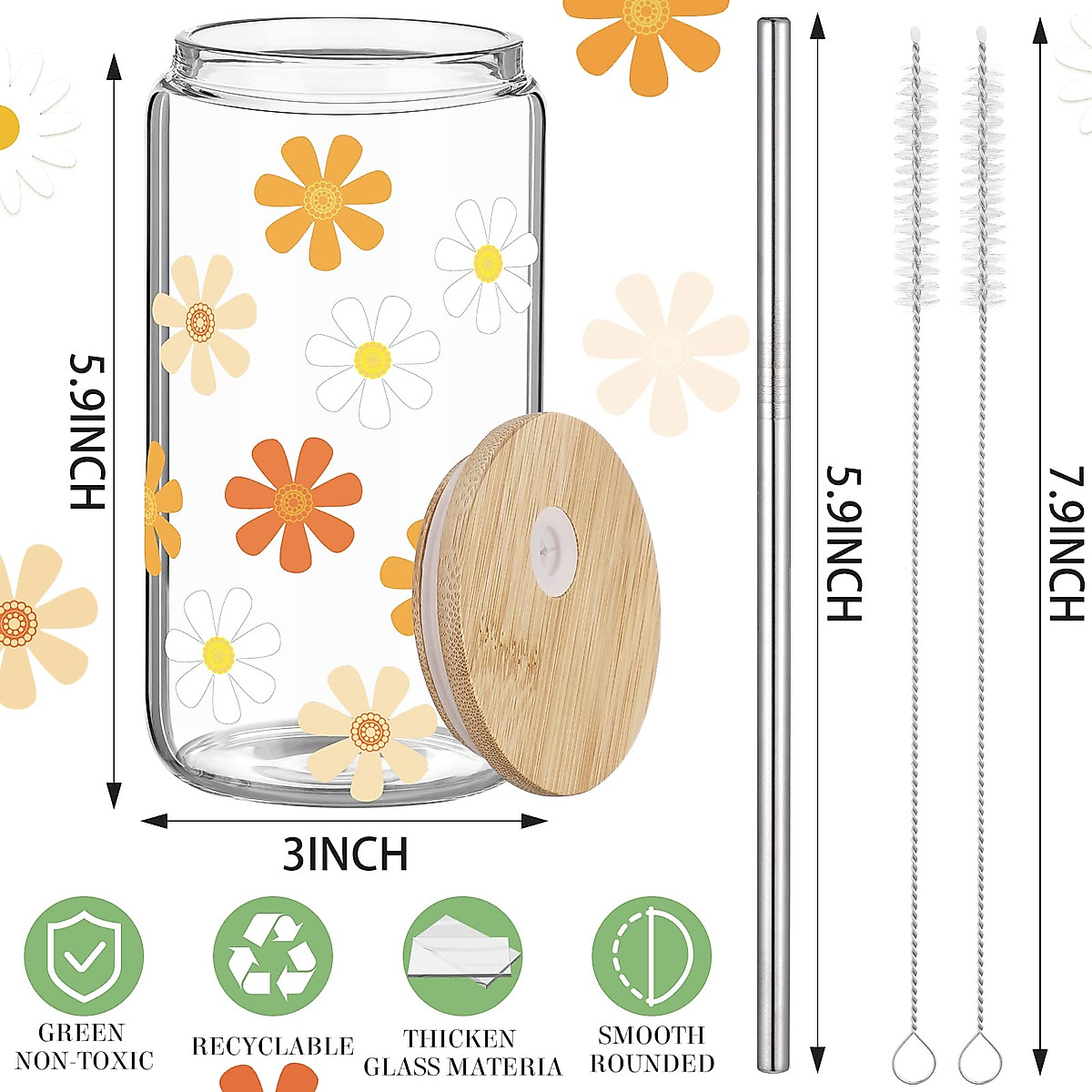 Nuenen 4 Pcs 16oz Daisy Flower Glass Cup with Lids and Straws Iced Coffee Glass Cup Cute Aesthetic Cups Glass Coffee Tumbler for Women Friend Her Birthday Gifts (Daisy)