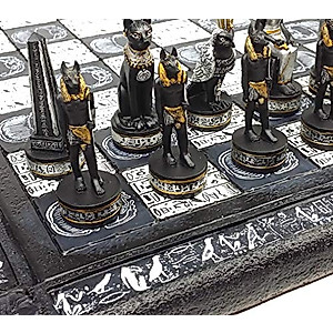 Egyptian Anubis Chess Set Black Silver and Gold Men with 16" Hieroglyphic Board