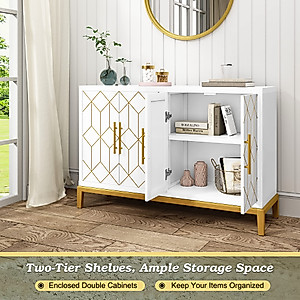 HLR Accent Cabinet with 4 Doors and Shelves, Sideboard Buffet Cabinet with Gold Lines, Modern Credenza Storage Decorative Cabinet for Living Room, Entryway, Kitchen, Dining Room, White