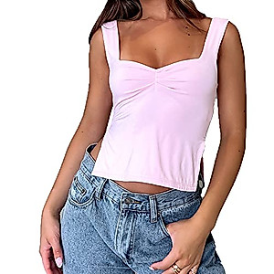 Womens Sleeveless Strappy Tank Top Sexy Side Split Sweetheart Neck Going Out Crop Tops Y2k Basic Cami Shirt (as1, Alpha, s, Regular, Regular, Pink)