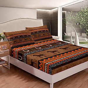 Feelyou Western Bedding Set Aztec Bed Sheet Set for Boys Girls Kids Cowboy Cowgirl Horse Fitted Sheet Southwestern Native American Sheet Sets Bohemian Bedroom Decor Bedding Sheet Twin Size 3Pcs