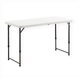 Living and More 4 Foot Height Adjustable Fold-in-Half Table with Carrying Handle, Easy Folding and Storage, Indoor Outdoor Use, White