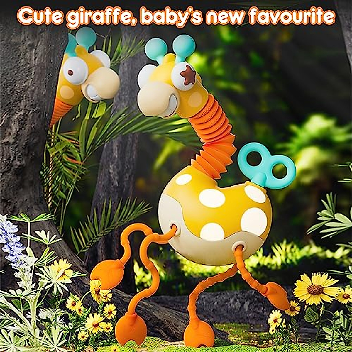 VATOS Baby Sensory Toys Montessori Food Grade Silicone Pull String Activity Toy,Giraffe Toy with Twisting Clockwork & Neck Pop Tube for Fine Motor Skills,Travel Toys for Babies,Infants Toddlers 18M+