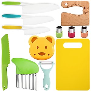 VERTGB 12 Pcs Kids Knife Set,Wooden Kids Kitchen Knife,Kids Knives for Real Cooking,Plastic Kids Knife with Cutting Board,Serrated Edges Toddler Knife,Potato Slicer,Y Peeler,DIY Mold