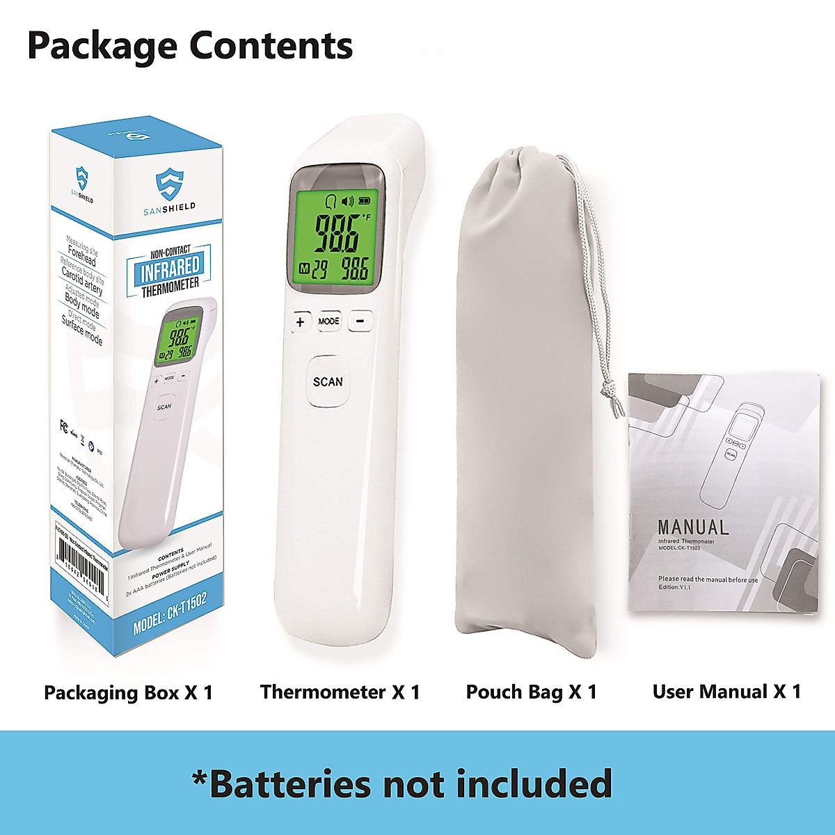 SANSHIELD Non-Contact Forehead Thermometer - Infrared Digital Thermometer for Adults Kids Elderly, Touchless Temperature Scanner for Fever with Body and Object Modes (Batteries NOT Included)