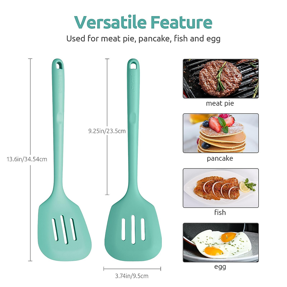 13.6" Slotted Silicone Turner: U-Taste 600ºF Heat Resistant Kitchen Spatula Flipper, Food Grade Flexible Wide Seamless Rubber Cooking Utensil for Egg, Omelette, Burger in Nonstick Cookware (Aqua Sky)