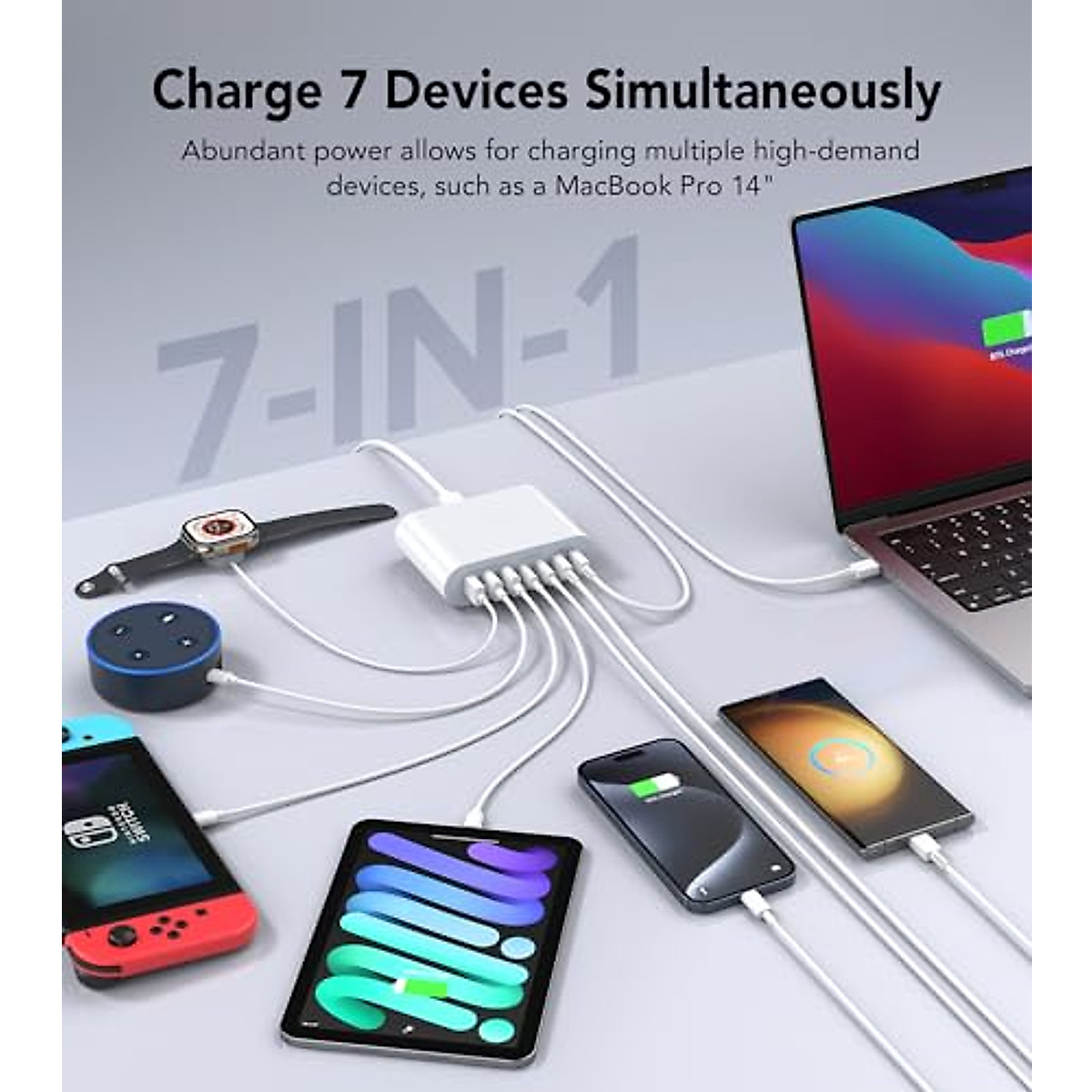 185W USB C Fast Charger Block, 7 Port USB C Charger Charging Station Hub Brick Multiport Charger Laptop Power Adapter for MacBook Pro Air iPad Pro iPhone 15 14 13 12 Galaxy Note S23 Pixel Steam Deck