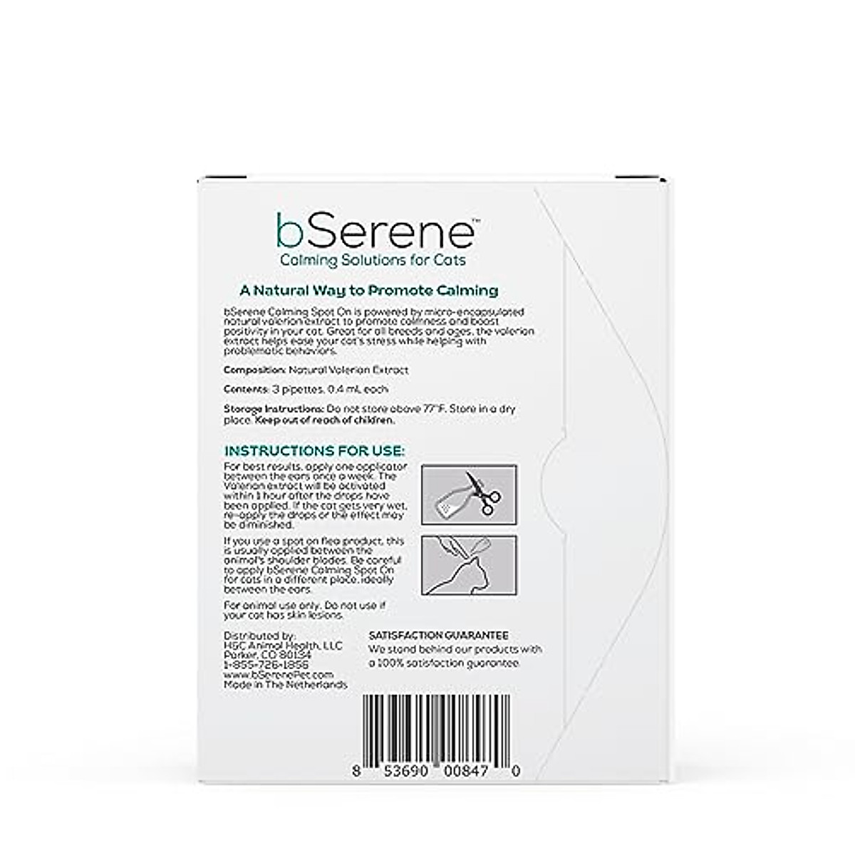 bSerene Valerian Calming Spot On for Cats 3 Applications Convenient Weekly Topical Natural Valerian Extract, Promotes Calmness and Relaxation