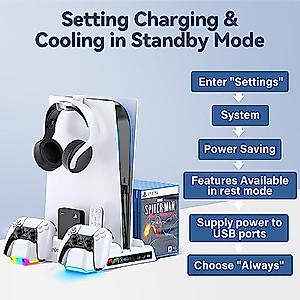 PS5 Stand and Cooling Station with RGB LED Controller Charging Station for Playstation 5 Console, 2H Fast PS5 Controller Charger, PS5 Accessories with 3-Level Cooling Fan, Headset holder, 3 USB Hub