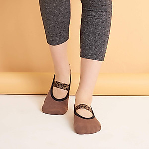 Aprilaugust Yoga Socks with Non Slip Grips & Leopard Strap, Perfect for Pilates, Barre, Ballet (Brown leopard strap (1pair), Medium)