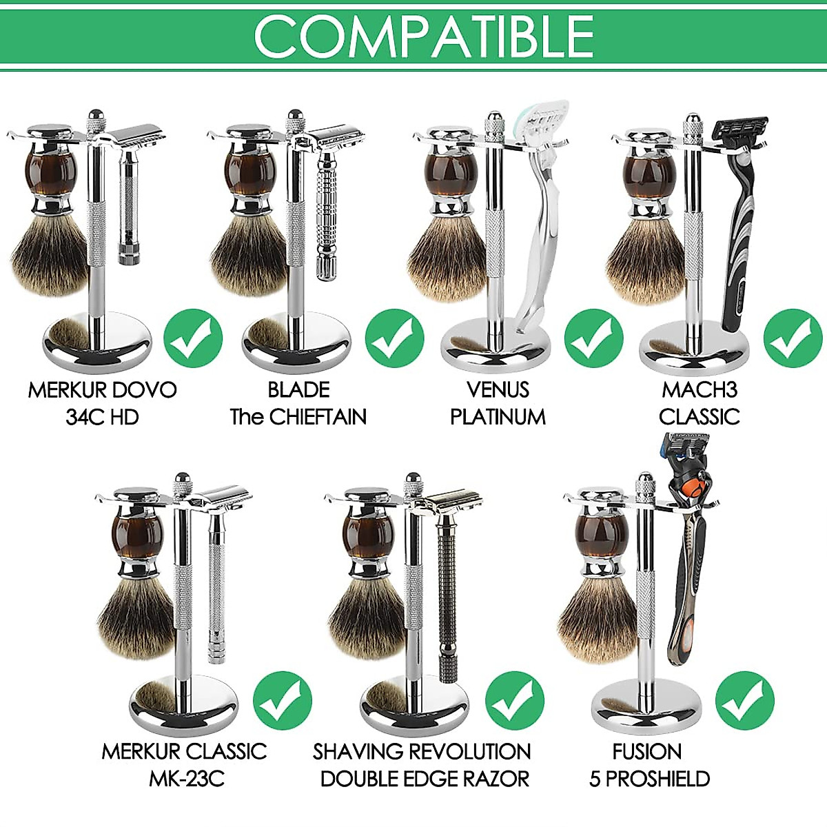 Linkidea Razor and Brush Stand Holder, Deluxe Men's Stainless Steel Shaving Brush Hanger Base, Shaver Kit Organizer for Bathroom Shower (Silver)