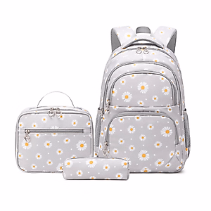 Armbq Daisy Kids Backpack for Girls, Multi Pocket School Bags with Lunch Box for Elementary, Teen Girls Bookbag Set