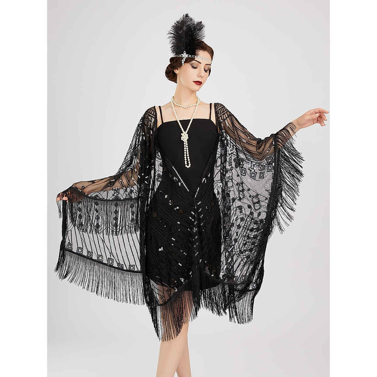 SWEETV Women's 1920s Shawl Wraps,Sequin Fringe Flapper Evening Shawls for women Formal/Party/Wedding/Formal/Harlem night,1920s Accessories for Women,Black 2