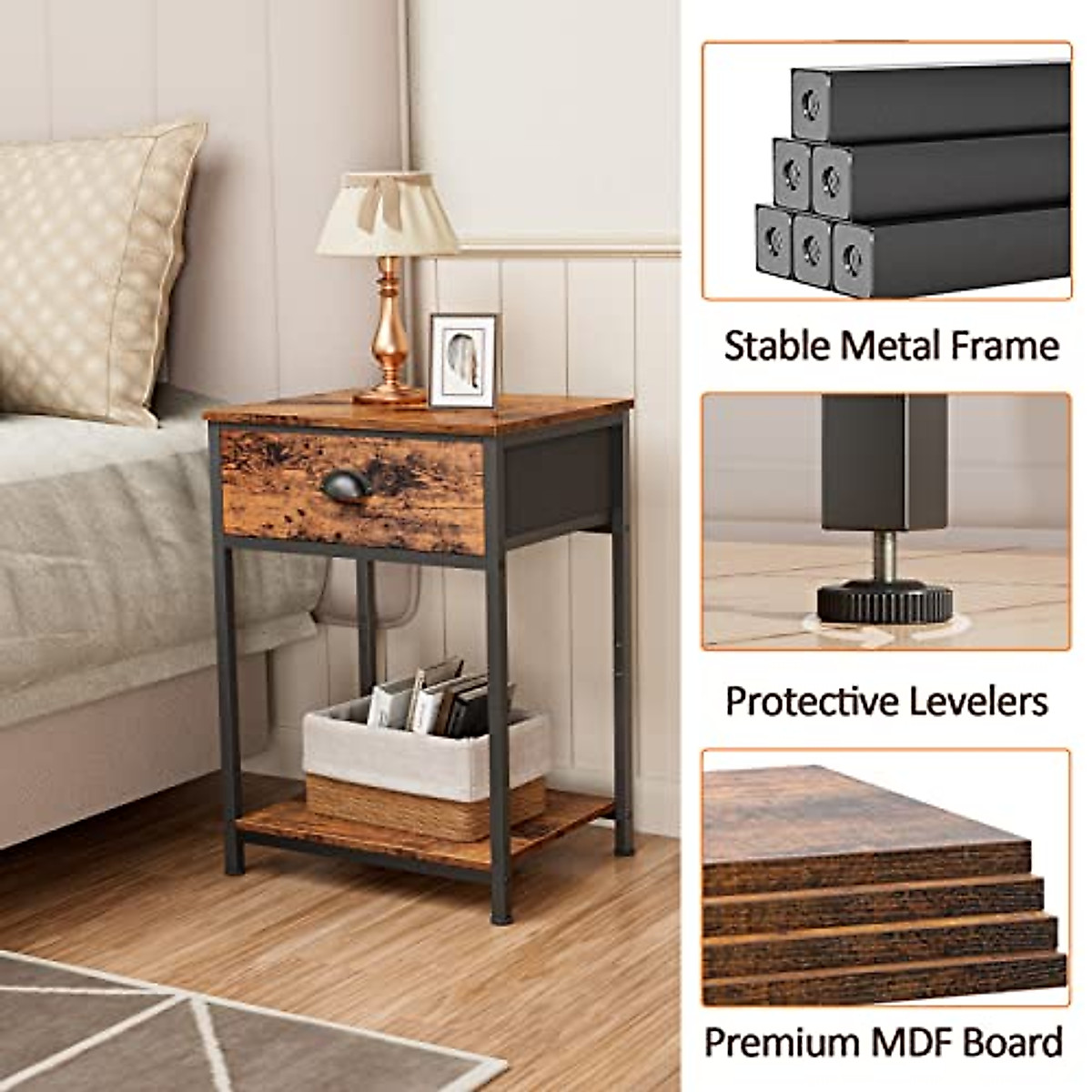 Nightstands Set of 2, Industrial End Table with Fabric Drawer and Storage Shelf, Retro Bedside Tables Organizer, Side Table for Living Room Bedroom, Rustic Brown Wooden Look and Black Metal Frame